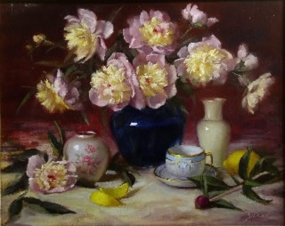 "Peonies and Salmon Roses" - Elizabeth Robbins - Highlands Art Gallery