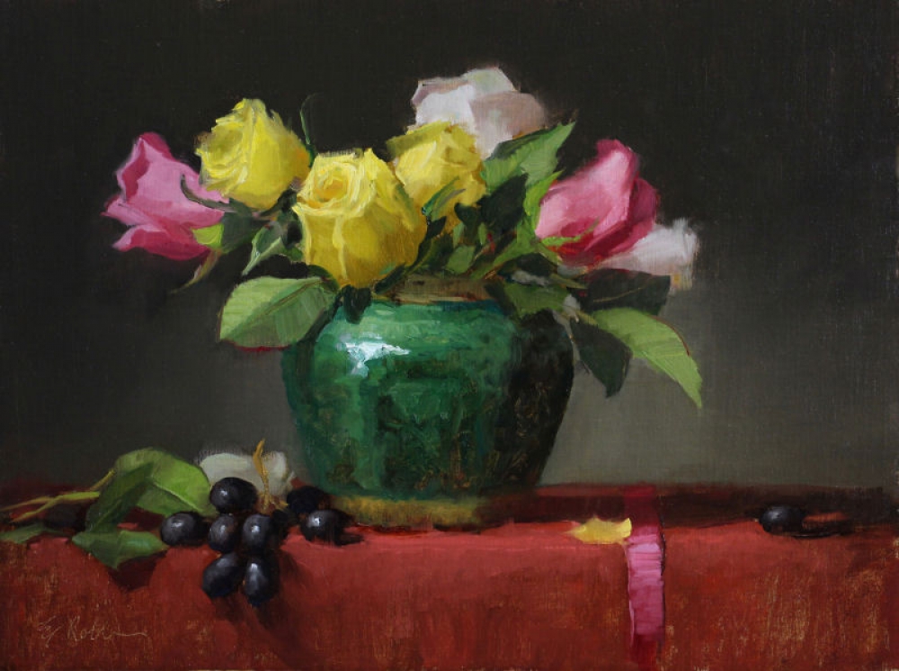 "Flow Blue with Red Roses" - Elizabeth Robbins - Highlands Art Gallery